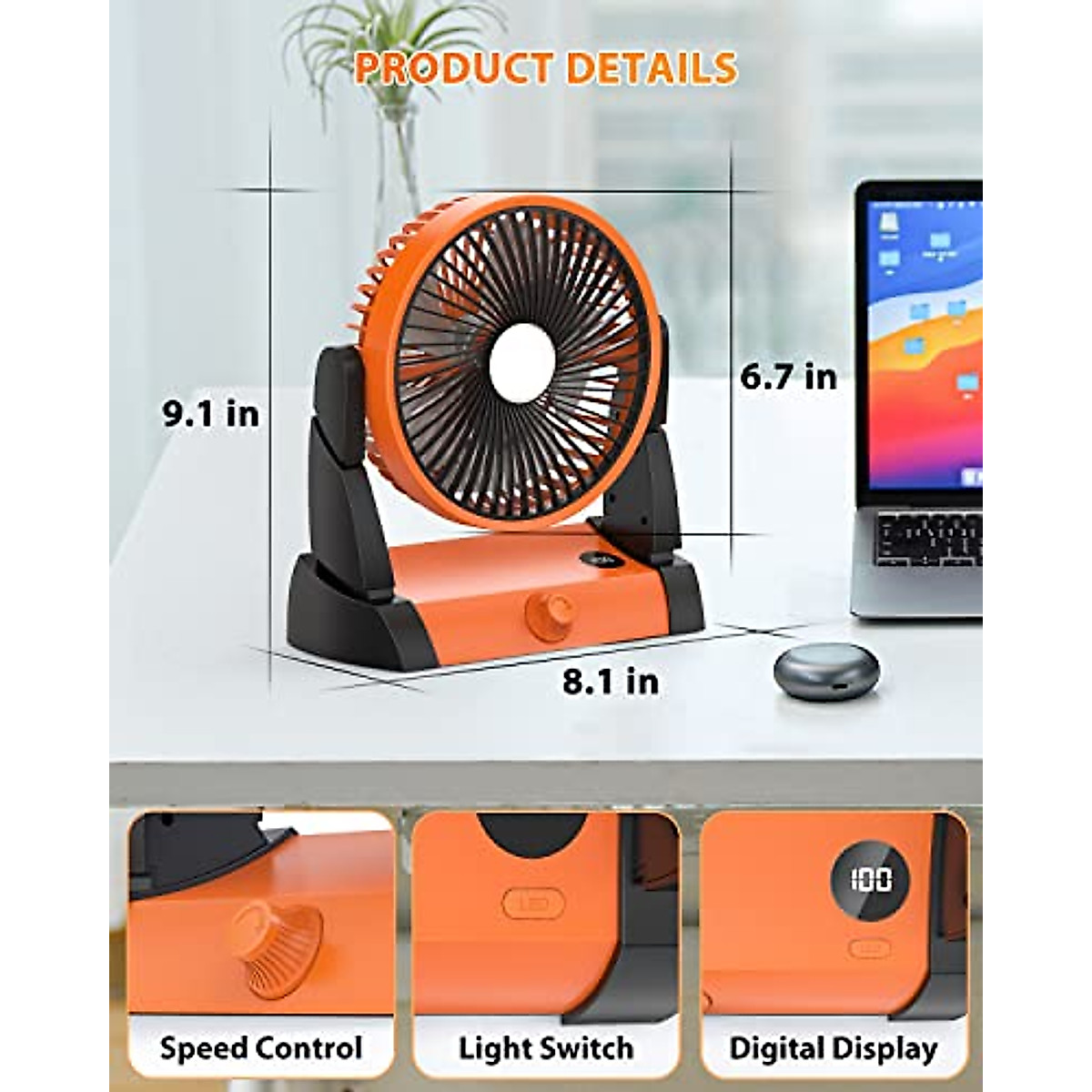 TriPole 10800mAh Battery Operated Fan for Camping with LED Light & Hanging Hook, Portable and Rechargeable Tent Fan with Digital Display Long-Lasting Fan for Outdoor Travel Car RV Desk