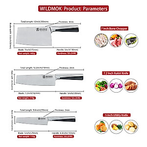 WILDMOK 3pcs Knife Set Stainless Steel Kitchen Knives Set 7inch Bone Chopper 7inch Nakiri Knife and 5inch Utility Cutter with Stainless Steel & ABS Handle, Perfect Cutlery Set Gift
