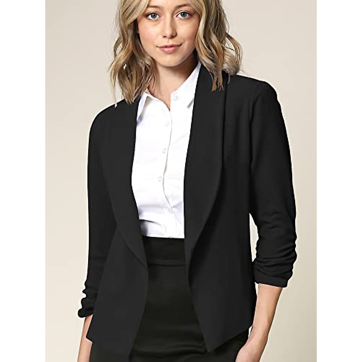 LL WSK2324 Women 3/4 Sleeve Blazer Open Front Cardigan Jacket Work Office Blazer L Black