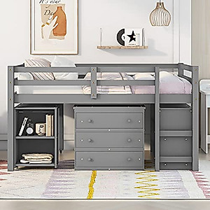 Solid Wood Full-Size Low Loft Bed Frame with Ladder for Kids Bunk, Cabinet + Desk, Pure Gray