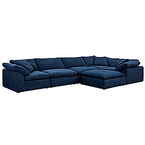 Sunset Trading Contemporary Puff Collection 6PC Slipcovered Modular Filled Chaise Lounge Couch | Stain-Proof Water-Resistant Washable Performance Fabric Sectional Sofa, 176" L-Shaped Pit, Navy Blue