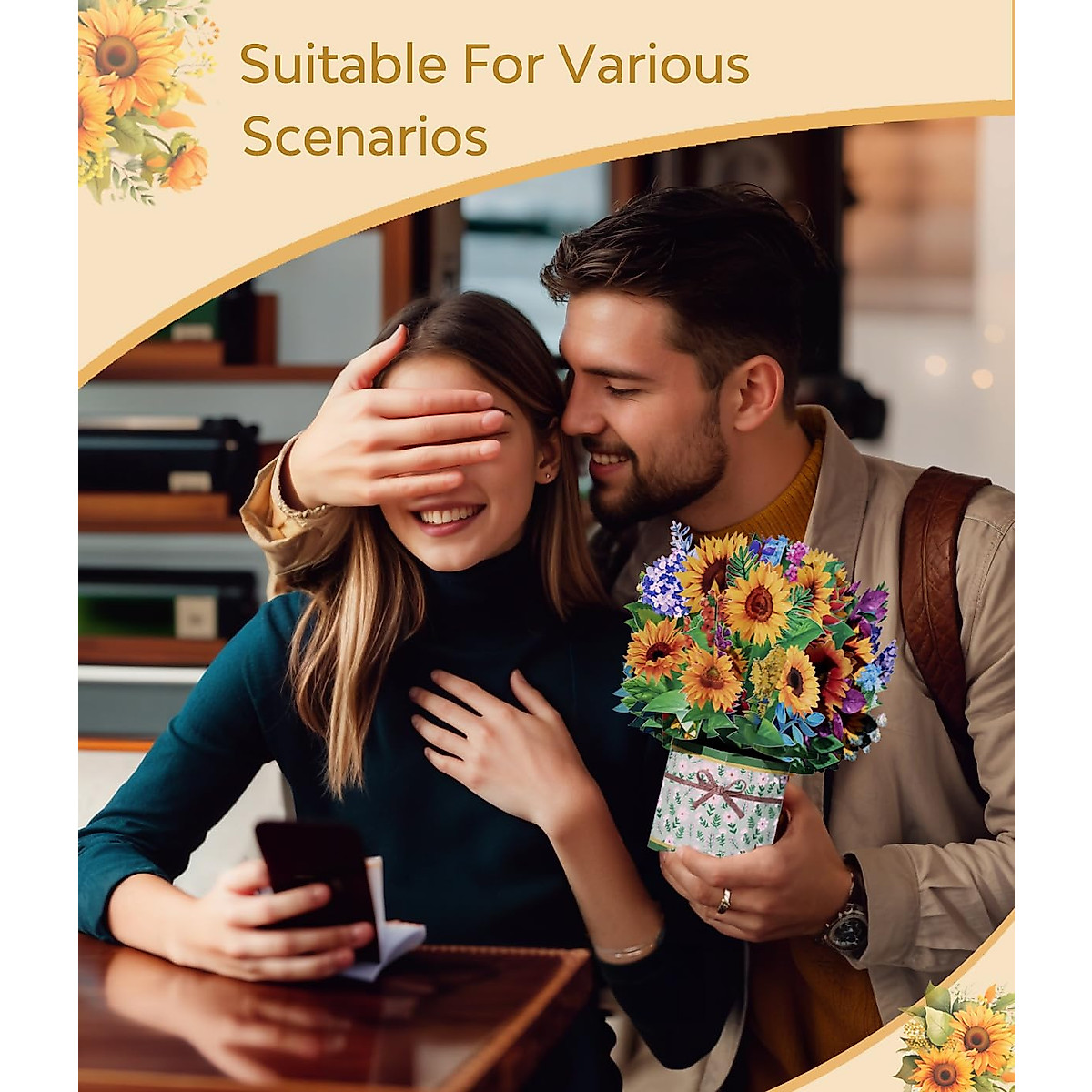 Sunflower 3D Pop-Up Card, Floral Greeting Card for Mother's Day, Summer Birthdays, Friendship Day, Graduation, Sunflower Bouquet Card for Mom, Grandma, Wife, or Friend, with Envelope and Note Card