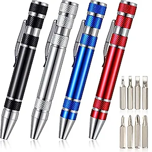 4 Pieces Pen Screwdriver Multitool Handy Tool 8 in 1 Magnetic Pocket Screwdriver Multi Precision Function for Man Mini Gadgets Repair Tools(Black, Red, Blue, Silver)