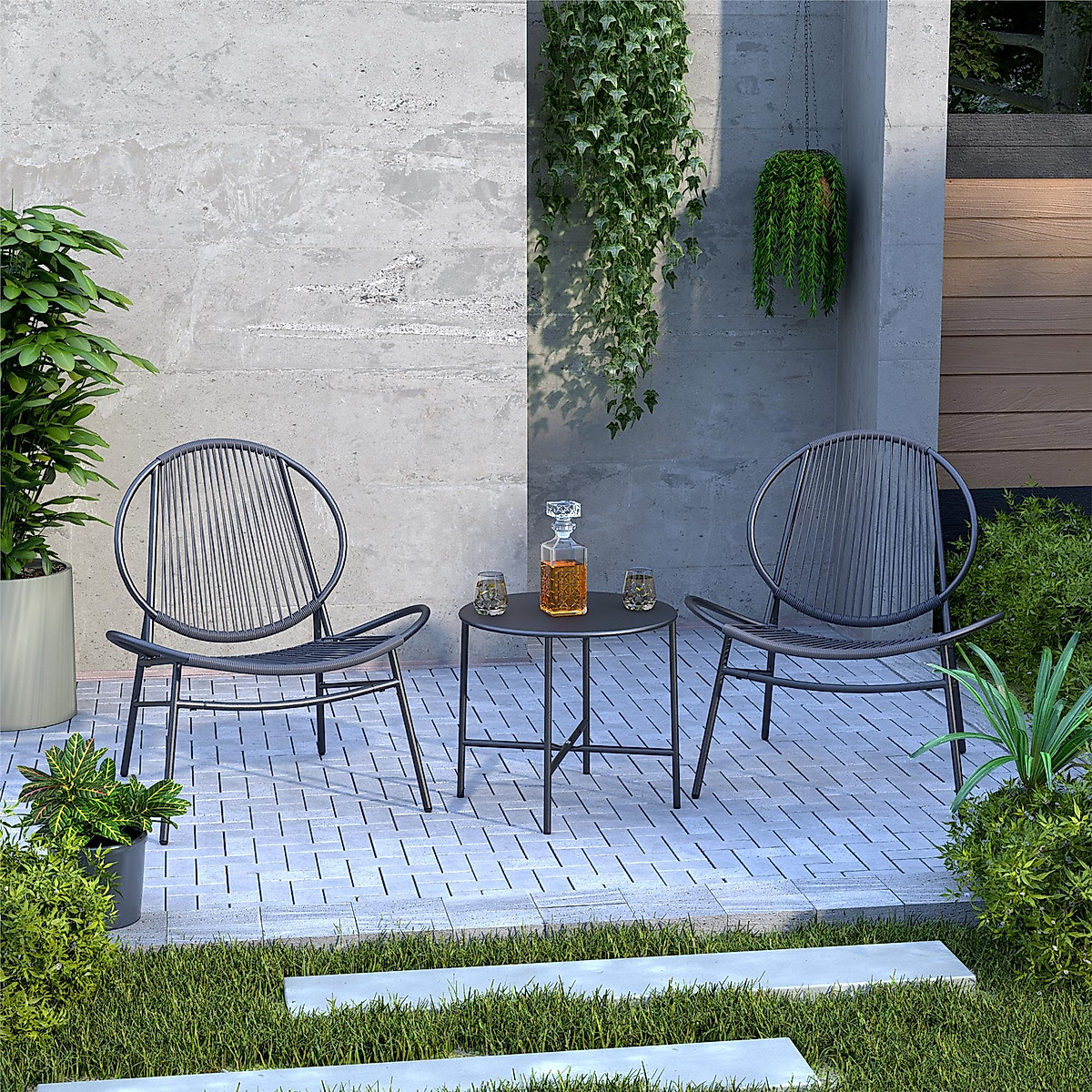 Novogratz Poolside Gossip, Marilyn 3 Piece Resin Weave Chat Set, Charcoal