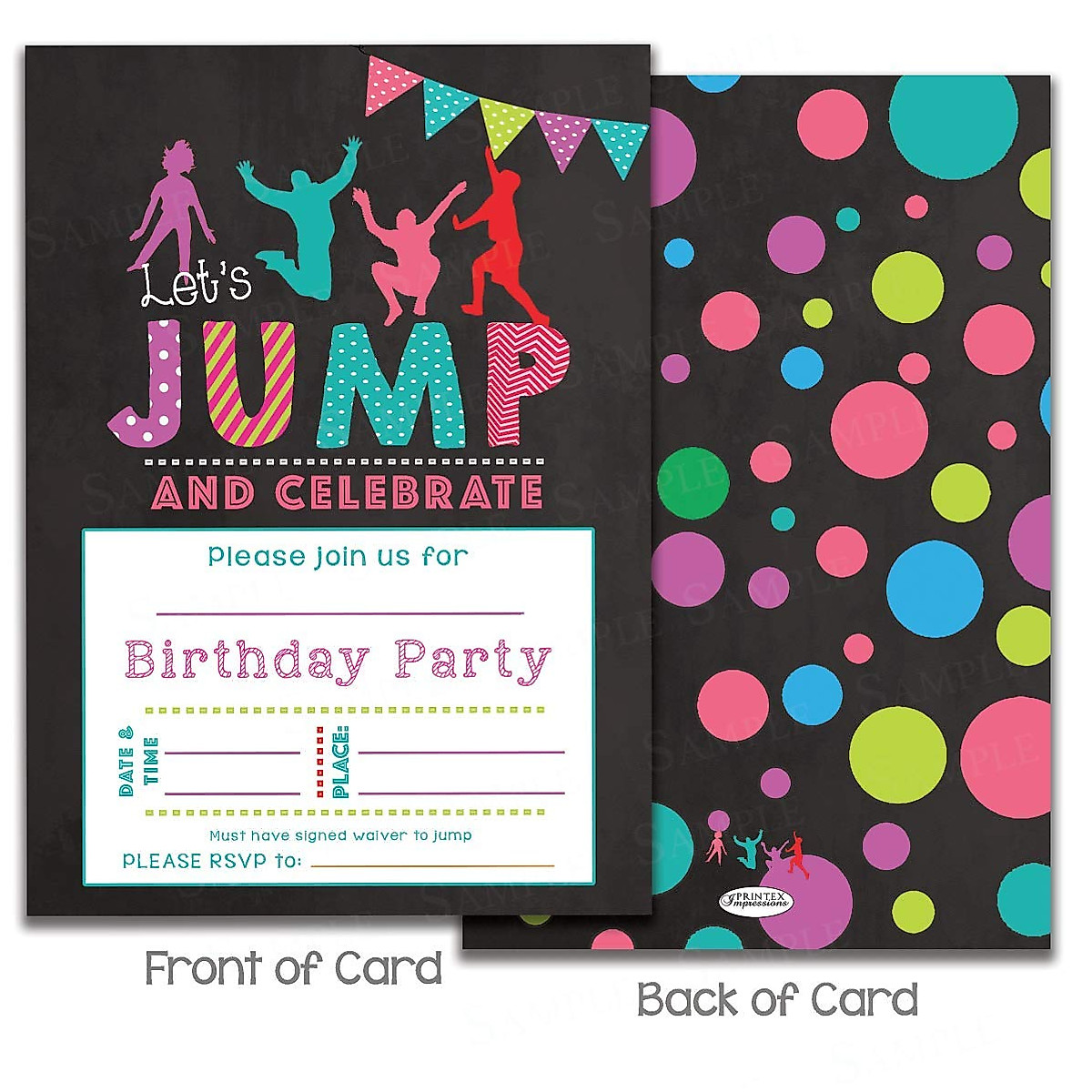 Set of 25 Jumping Kids Birthday Party invitations for Trampoline park Gravitopia, jump zone big air party with envelopes.