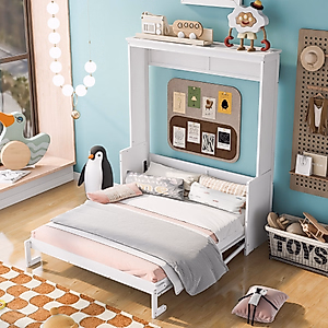 YSWH Queen Size High Murphy Bed Chest, Wood Murphy Bed Frame with Shelf Desk, Mobile Versatile Chest Bed Folding Bed for Bedroom Furniture, Foldable Platform Bed Folded into Cabinet (White)