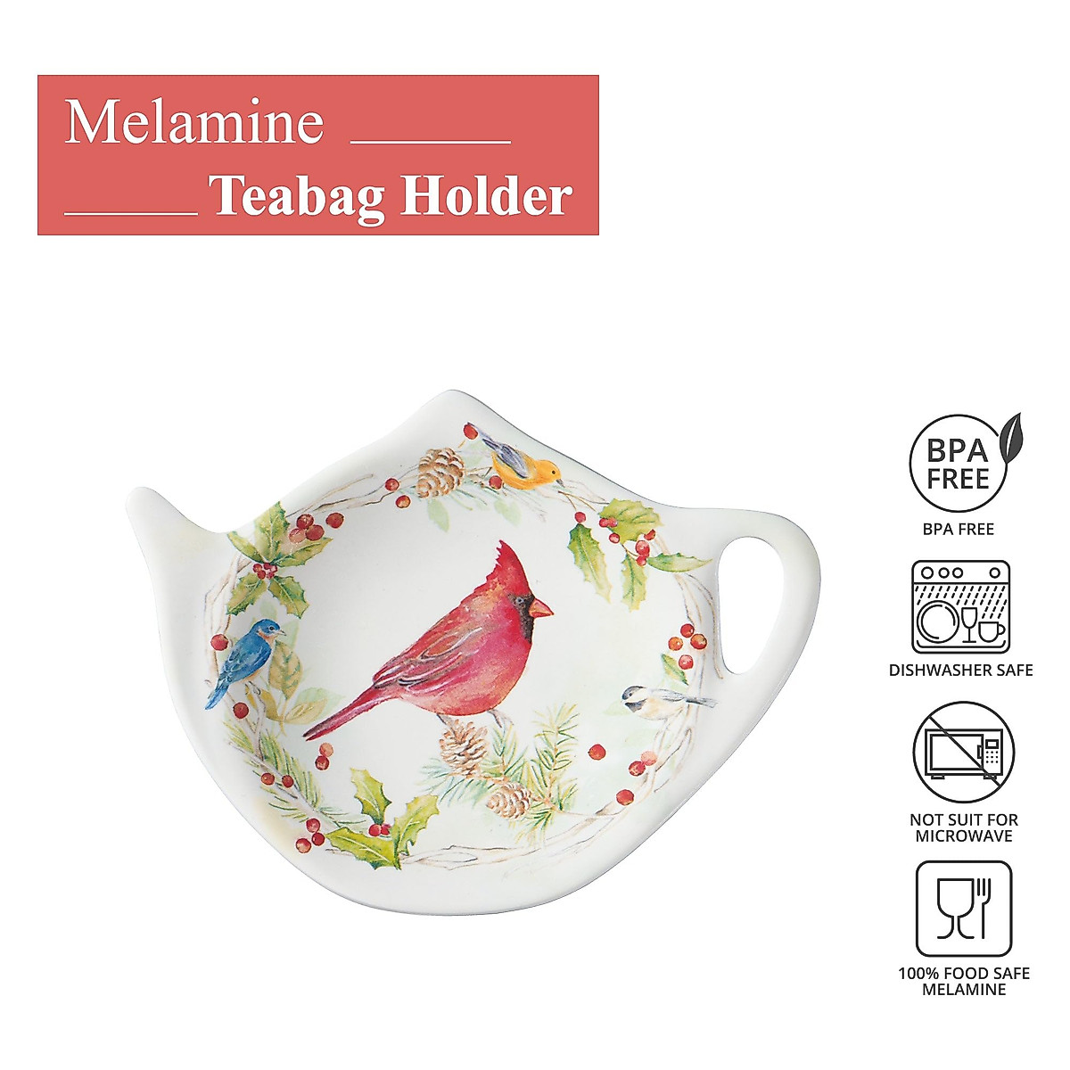 Supreme Housewares Tea Bag Holder Set of 4, Teapot Shaped Tea Bag Coasters Spoon Rests Saucer Seasoning Dish Set Teabag Holder (Winter Birds)