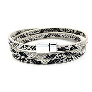 HUNO Multilayer Leopard Textured Cuff Bracelets Buckle Snakeskin PU Leather Wrap Cuff Bangle for Women-white