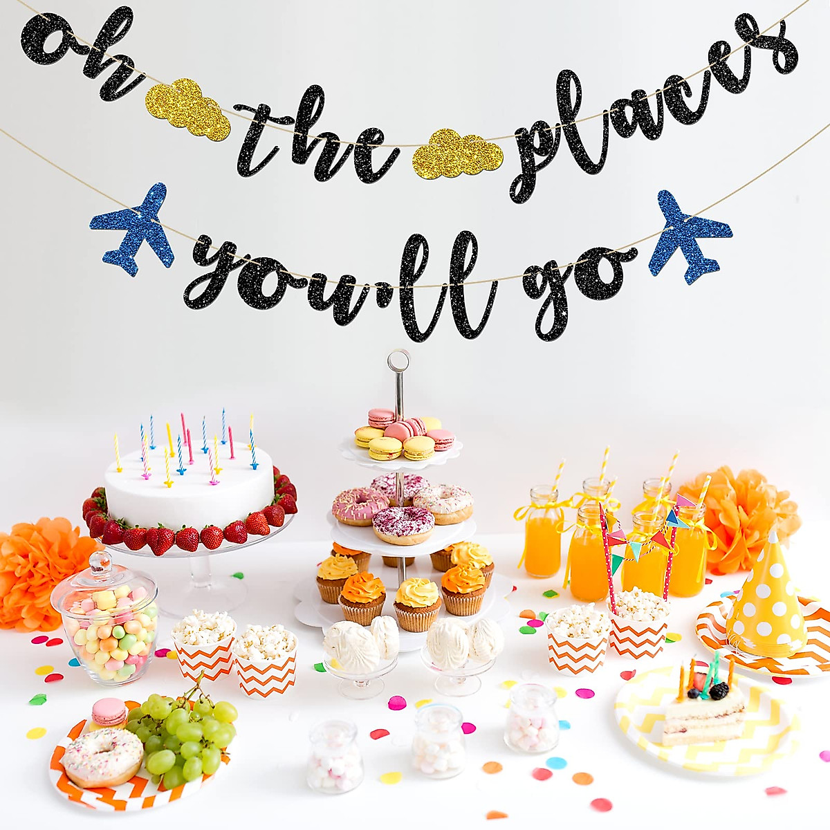 INNORU Oh The Places You'll Go Banner - Travel Theme Farewell Party Bunting Decor - Bon Voyage - Birthday Anniversary Graduation Baby Shower Party Decorations, Black Glitter