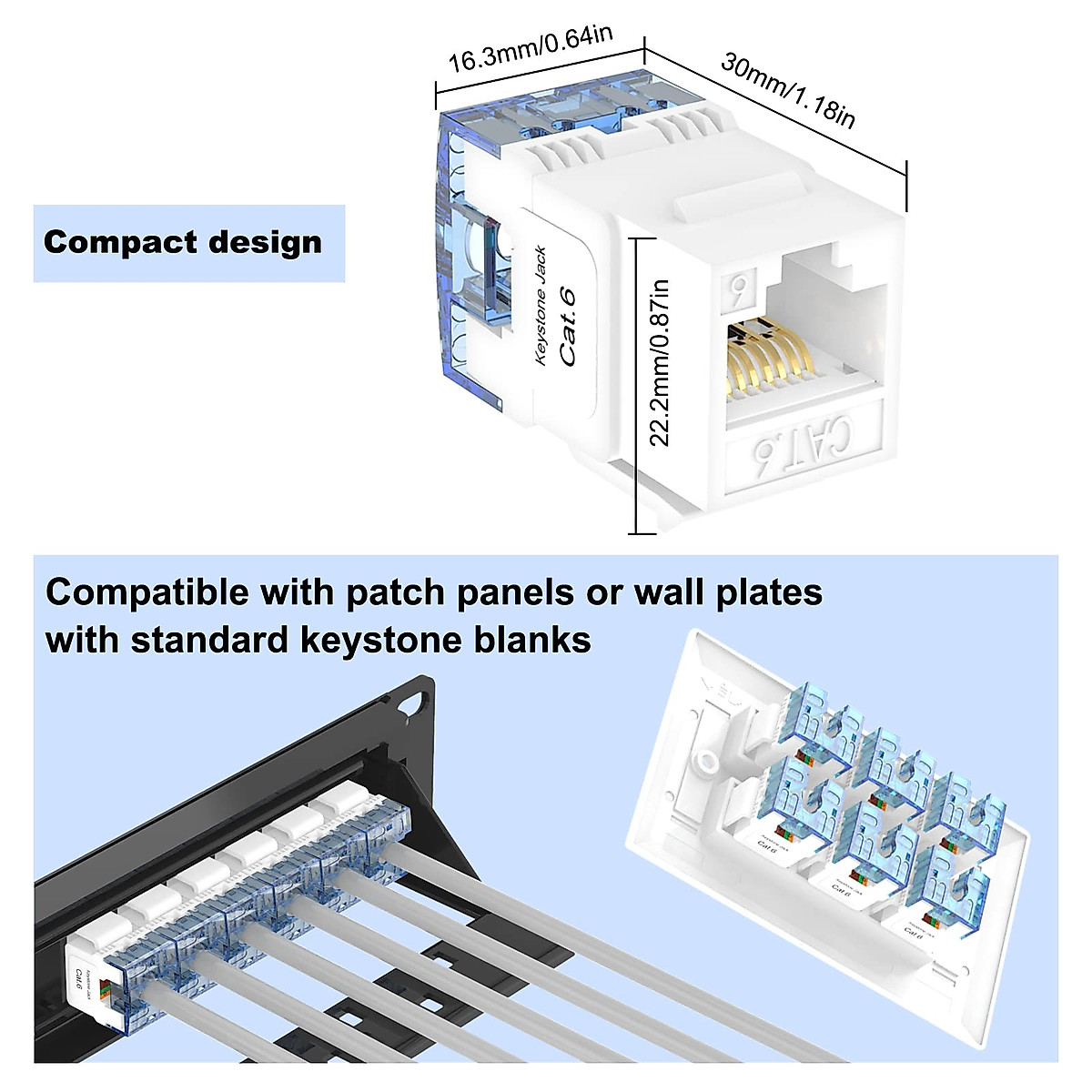 VCELINK Cat6 RJ45 Keystone Jacks Slim Profile 10-Pack, 180-Degree Ethernet Wall Jack Punch Down, Cat5e Cat5 Keystone Module Connector UTP, 110-Type for Wall Plate, Patch Panel (White)