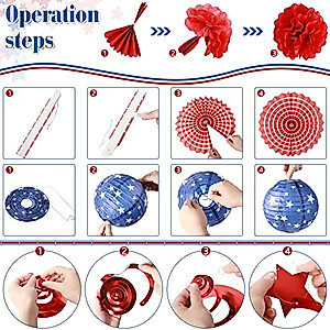 24 Pcs 4th of July Patriotic Day Party Decoration, Red White Blue Paper Lanterns Fans Pom Poms Hanging Swirls USA Flag Party Supplies for American Independence Day, Military Graduation, Memorial Day