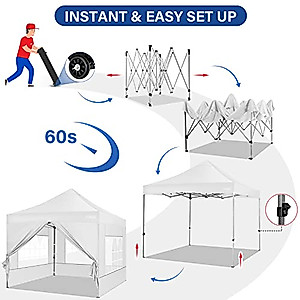 Tooluck 10x10 Pop up Canopy Commercial Heavy Duty Canopy Tent with 4 sidewalls Easy Up Outdoor Party Tent Instant Canopy All Season Windproof & Waterproof Gazebo with Roller Bag,White(Frame Thickened)