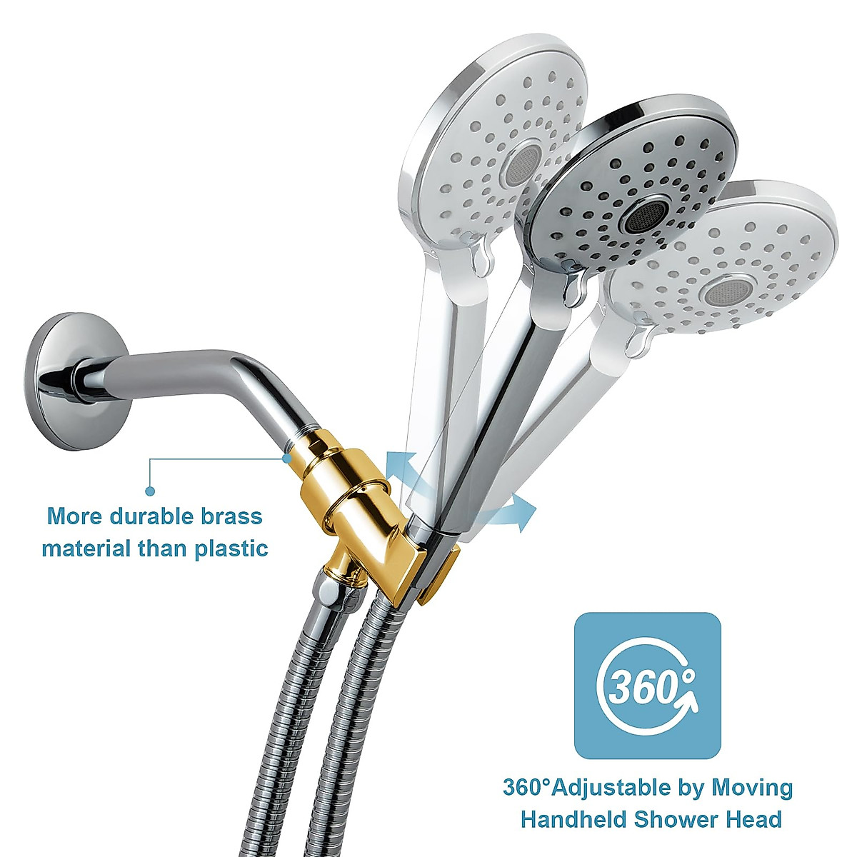 OFFO Shower Head Holder All Metal for Handheld Shower Head, Adjustable Shower Arm Mount with Solid Brass Pivot Ball, 1/2 Inch IPS Female Inlet and Male Outlet, Chrome