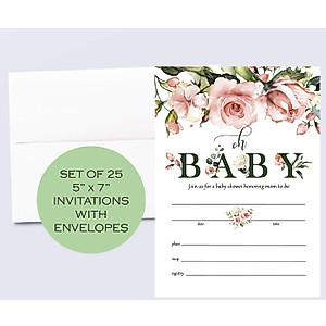 Moonrise Papery Set of 25 Pink Floral Baby Shower Invitations for Girl, Oh Baby Invitations for Baby Shower, Fill-In Style Invitations with Envelopes