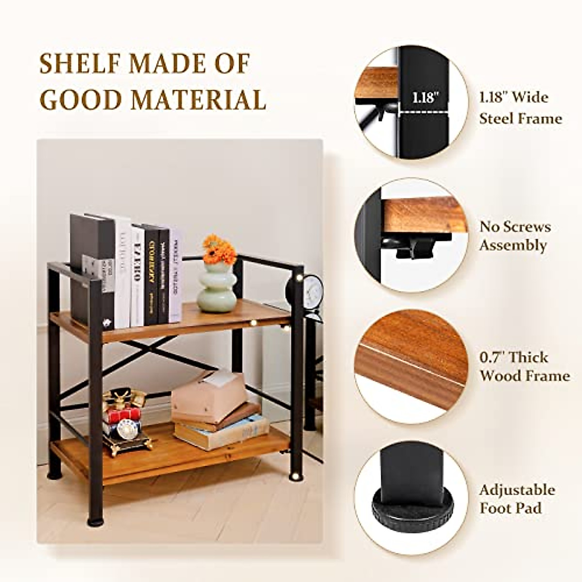 Crofy Rustic Bookshelf, 2 Tier Real Wood Bookshelf, Metal Book Shelf for Storage, Bookcase for Office Organization and Storage, 12.6 D x 23.62 W x 22.83 H Inches, Black