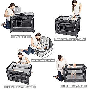 Kinder King 5 in 1 Portable Nursery Center, Foldable Playard for Baby & Toddler, Infant Pack n Play w/Bassinet, Mattress, Newborn Changing Table, Cradle, Travel Bag, Music Box, Storage Basket, Grey