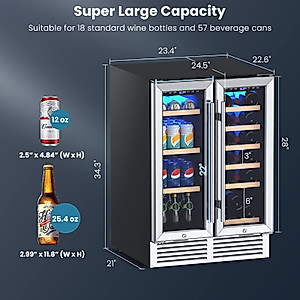 COSTWAY 24 Inch Wine and Beverage Refrigerator, Dual Zone 19 Bottles and 57 Cans Wine Cooler, Under Counter Wine Fridge with Lock, Built-In Freestanding Beverage Fridge for Beer Soda Drink