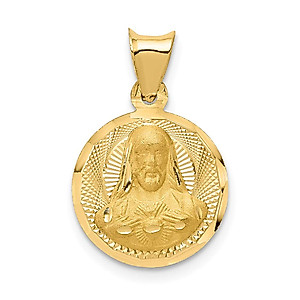 Solid 14k Yellow Gold Polished & Diamond-Cut Sagrado Corazon Circle Pendant