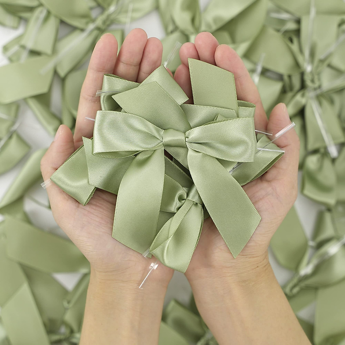 AIMUDI Sage Green Satin Ribbon Twist Tie Bows 3.5" Pretied Bows Premade Bows for Treat Bags Crafts Gift Wrapping Basket Wedding Favors Cookie Candy Bagging Cake Pop Bridal Shower - 50 Counts