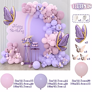 Purple Butterfly Balloon Arch Garland Kit 133pcs Pastel Purple Pink Balloons with 2pcs Butterfly Foil Balloons for Butterfly Birthday Party Decorations Baby Shower Decorations for Girls