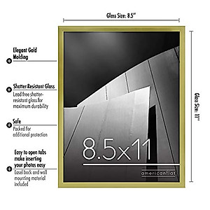 Americanflat 8.5x11 Picture Frame in Gold - Thin Border Photo Frame with Shatter Resistant Glass - Horizontal and Vertical Formats for Wall and Tabletop