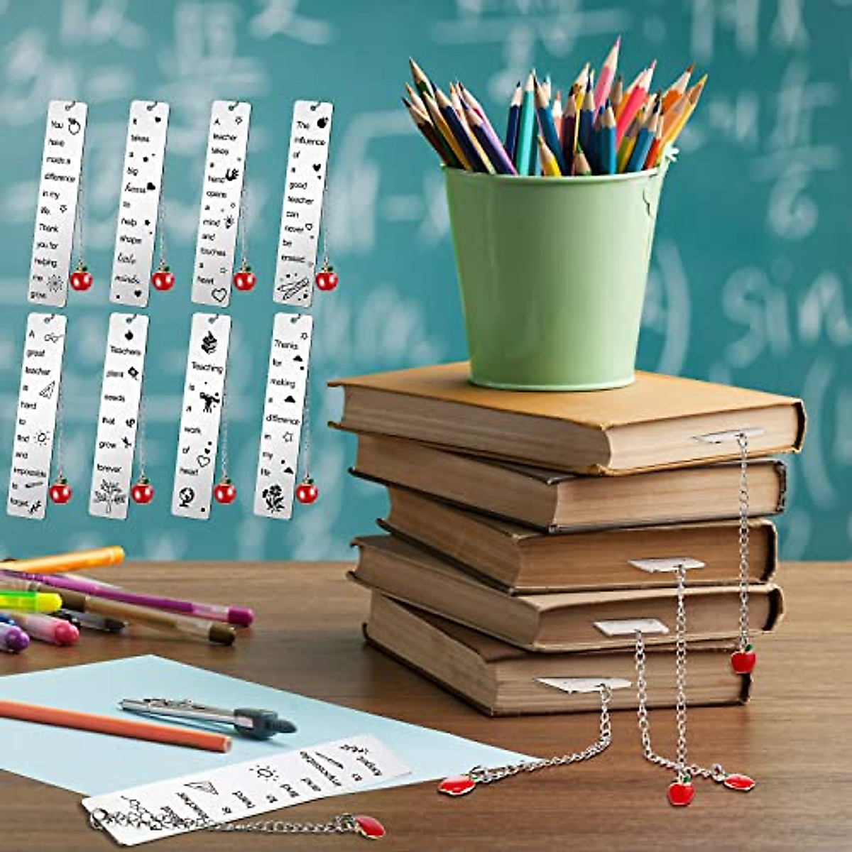8 Pcs Teacher Appreciation Gift from Students Teacher Bookmark with Apple Pendant Thank You Metal Appreciation Bookmark Graduation Season Gift for Teachers of High School College Elementary