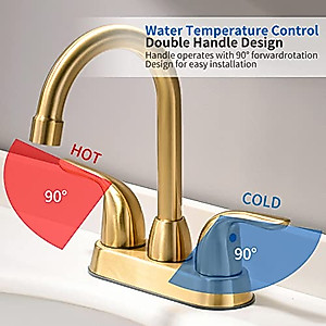 Bathroom Sink Faucet with Pop-up Drain Assembly, Brushed Gold Bathroom Faucet 2-Handle for 4 Inch Sink，Modern Centerset Bathroom Faucet with Supply Hose Lead-Free