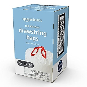 Amazon Basics Tall Kitchen Drawstring Trash Bags, Clean Fresh Scent, 13 Gallon, 45 Count (Previously Solimo)