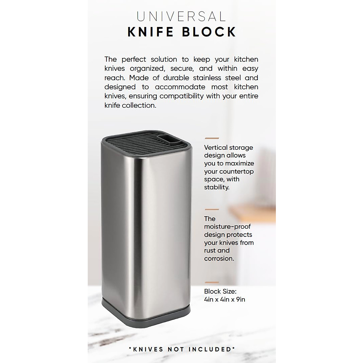 Dura Living Universal Knife Block Holder, Stainless Steel Knife Stand Without Knives, Safe Space Saver Stable Knife Storage with Scissors Slot, Detachable for Easy Cleaning, Kitchen Organizer, Silver