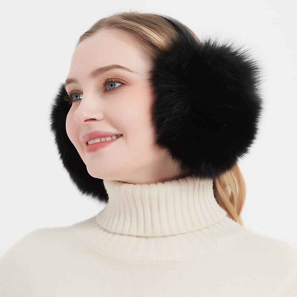 Bibury Real Fox Fur Earmuffs with Leather Band, Winter Ear Muffs, Cold Weather Head Warmer (Black)