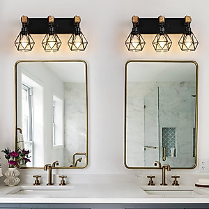 Farmhouse Vanity Light for Bathroom, 3-Light Wood Bathroom Vanity Light Fixtures Over Mirror, Rustic Sconces Wall Lighting with Metal Lampshade for Living Room, Bedroom, Hallway