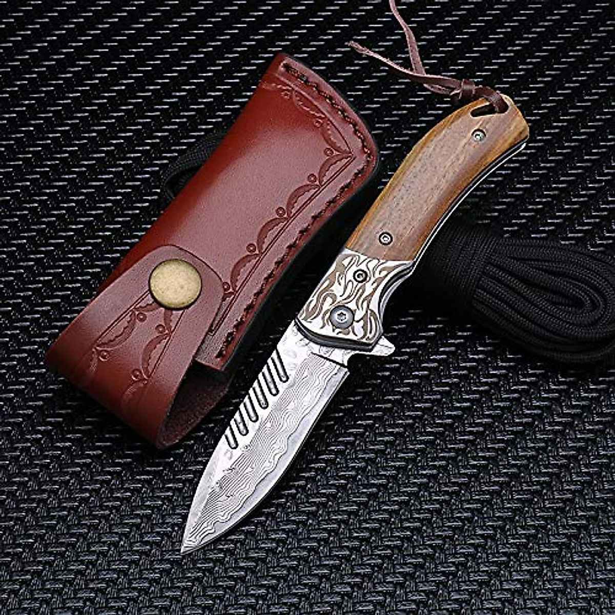 NedFoss Damascus Pocket Knife for Men, Handmade Forged Damascus Steel Folding Knife with Wood Handle, Excellent Gifts for Men Women