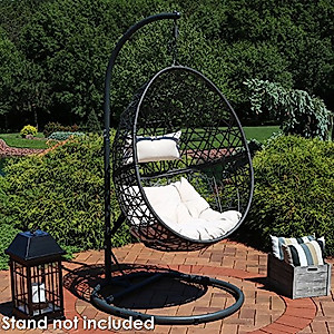 Sunnydaze Caroline Hanging Egg Chair - Resin Wicker - Modern All-Weather Construction Design - Outdoor Lounging Chair - Large Basket Patio Chair with Removable Beige Cushions