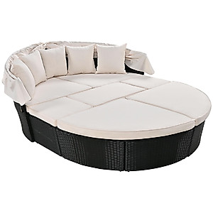 LUMISOL Patio Round Daybed with Retractable Canopy, Outdoor Rattan Sectional Sofa Set, Rattan Canopy Bed with Washable Cushions for Backyard Garden Porch Poolside, Beige