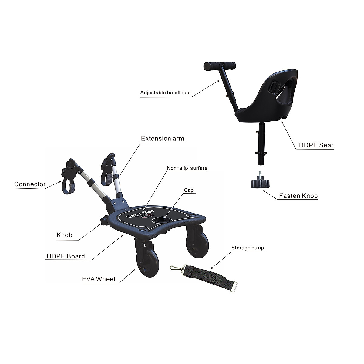 Englacha 2-in-1 Cozy X Rider, Black - Child Rider Stroller Attachment with Saddle Seat and Standing Platform - Universal Fit for Most Prams - Quick and Easy to Use - Designed for Safety