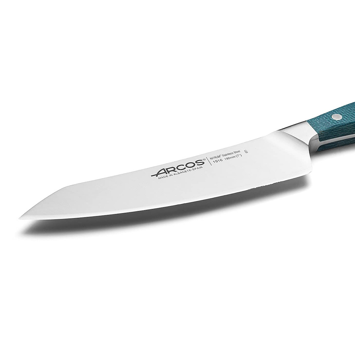 Arcos Forged Rocking Santoku Knife Stainless Steel 7 Inch. Micarta Handle & Special Silk Edge and Silver Blade 190 mm. Series Brooklyn. Blue Color . Impress and Amaze with Every Cut