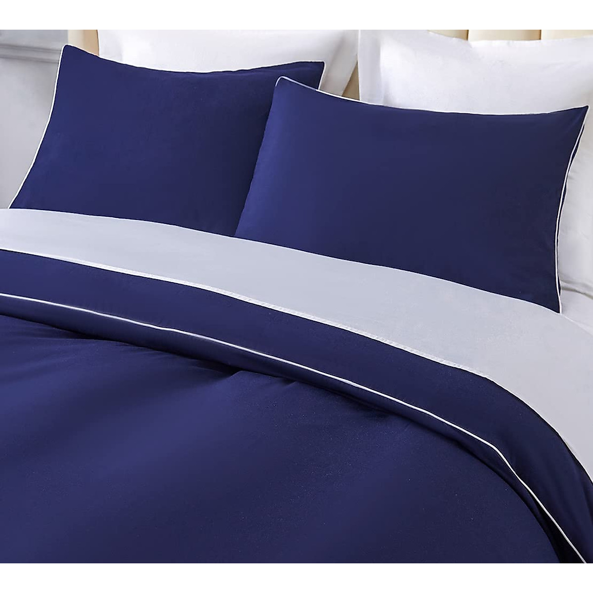 DAUAOTO Duvet Cover Full/Queen Set, Navy Blue Microfiber Bedding with Decorative White Piping, 1 Zipper Closure Cover + 2 Standard Shams