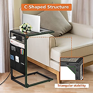 Set of 2 C Shaped End Table with Charging Station, Snack Side Table, C Tables for Couch, Couch Tables That Slide Under, for Living Room, Bedroom, Gray