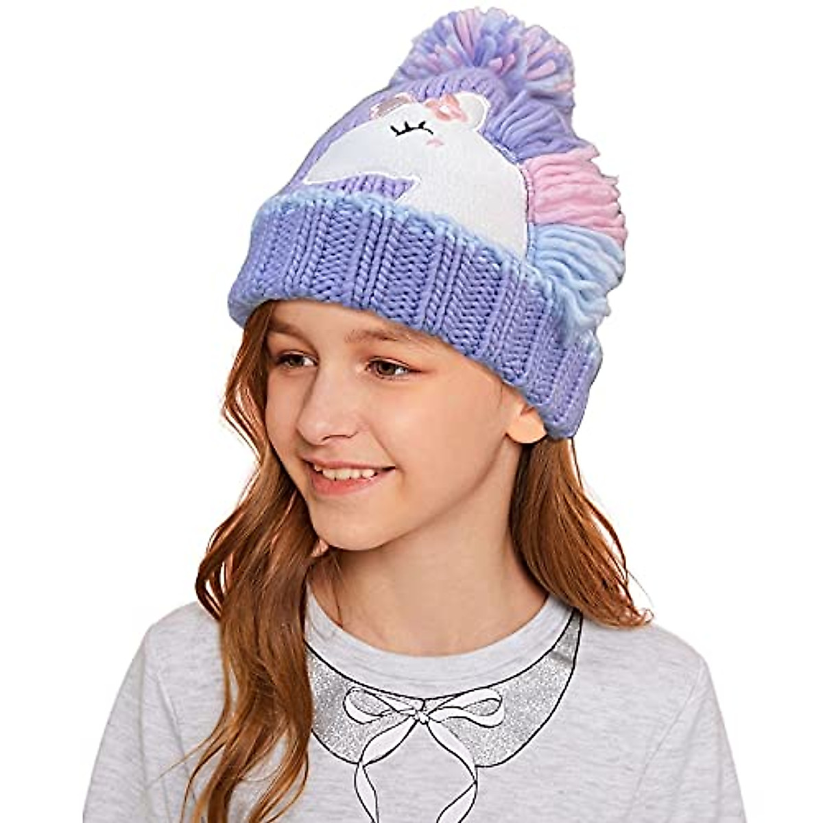 accsa Kids Knit Unicorn Beanie Hat with Gloves Girls Winter Beanie Hat with Pom Pom