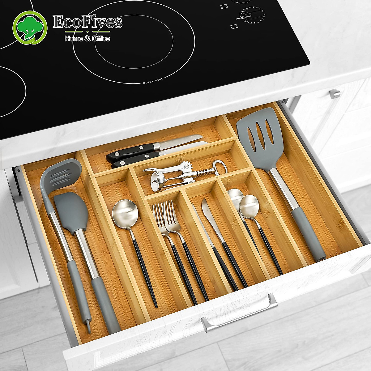 EcoFives Bamboo Kitchen Drawer Organizer - Silverware Organizer - Utensil Holder and Cutlery Tray with Grooved Drawer Dividers for Flatware and Kitchen Utensils (8 Slot)