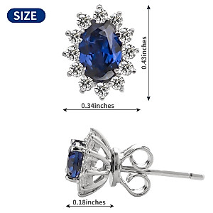925 Sterling Silver With 1.5 Carats Created Sapphire Ruby Amethyst Aquamarine Stud Earrings Princess Diana Halo Style For Anniversary Wedding Birthday(Royal Blue Sapphire)