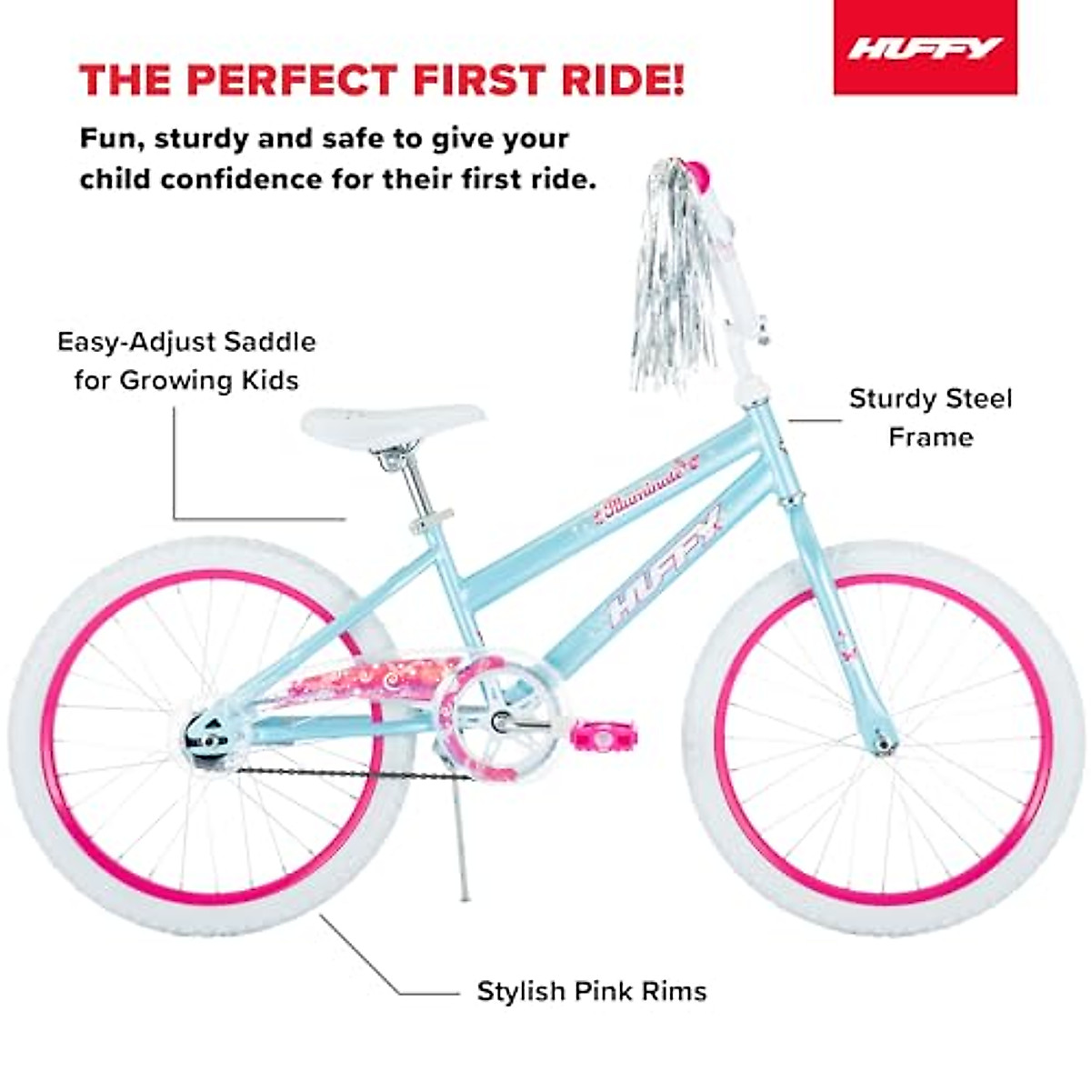 Huffy Illuminate 20” Girl’s Bike, Sky Blue Frame with Butterfly Graphics, Kickstand Included, Streamers and Chain Guard, White Tires and Pink Rims