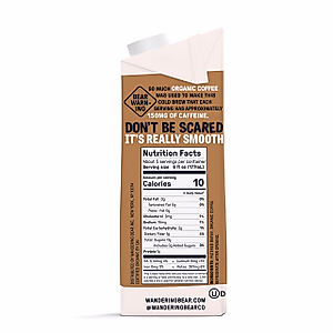 Wandering Bear Straight Black Organic Cold Brew Coffee, Iced Coffee, 32 fl oz, 6 pack - Extra Strong, Smooth, Unsweetened, Shelf-Stable, Ready to Drink, Cold Brewed Coffee, Cold Coffee