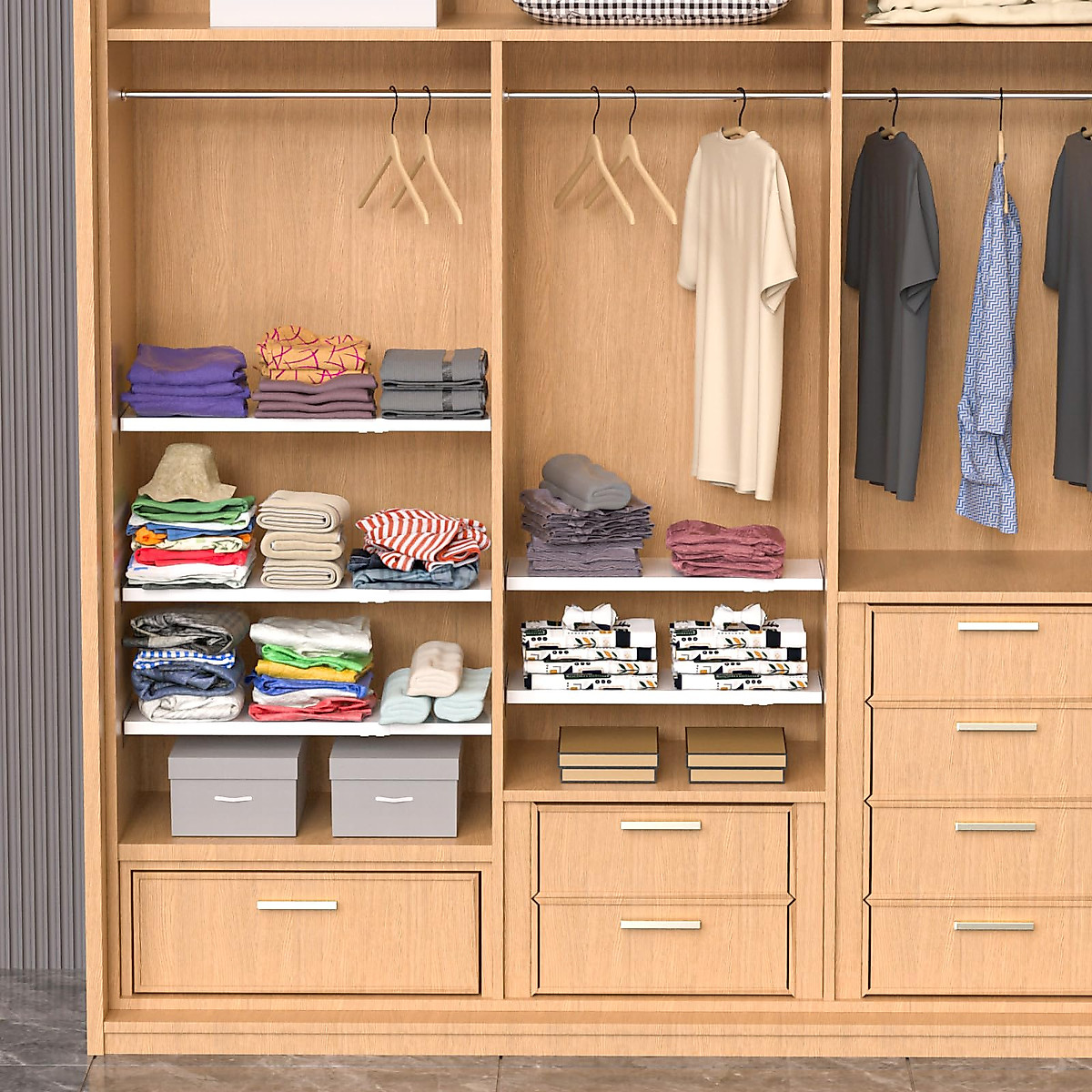 SlimmKISS Expandable Closet Tension Shelves Organizers, Adjustable Shelf for Cabinet Rack Storage Wardrobe Divider Shelving for Pantry 2 Pack (Perforated White,W11.81 x L: 17" to 31")