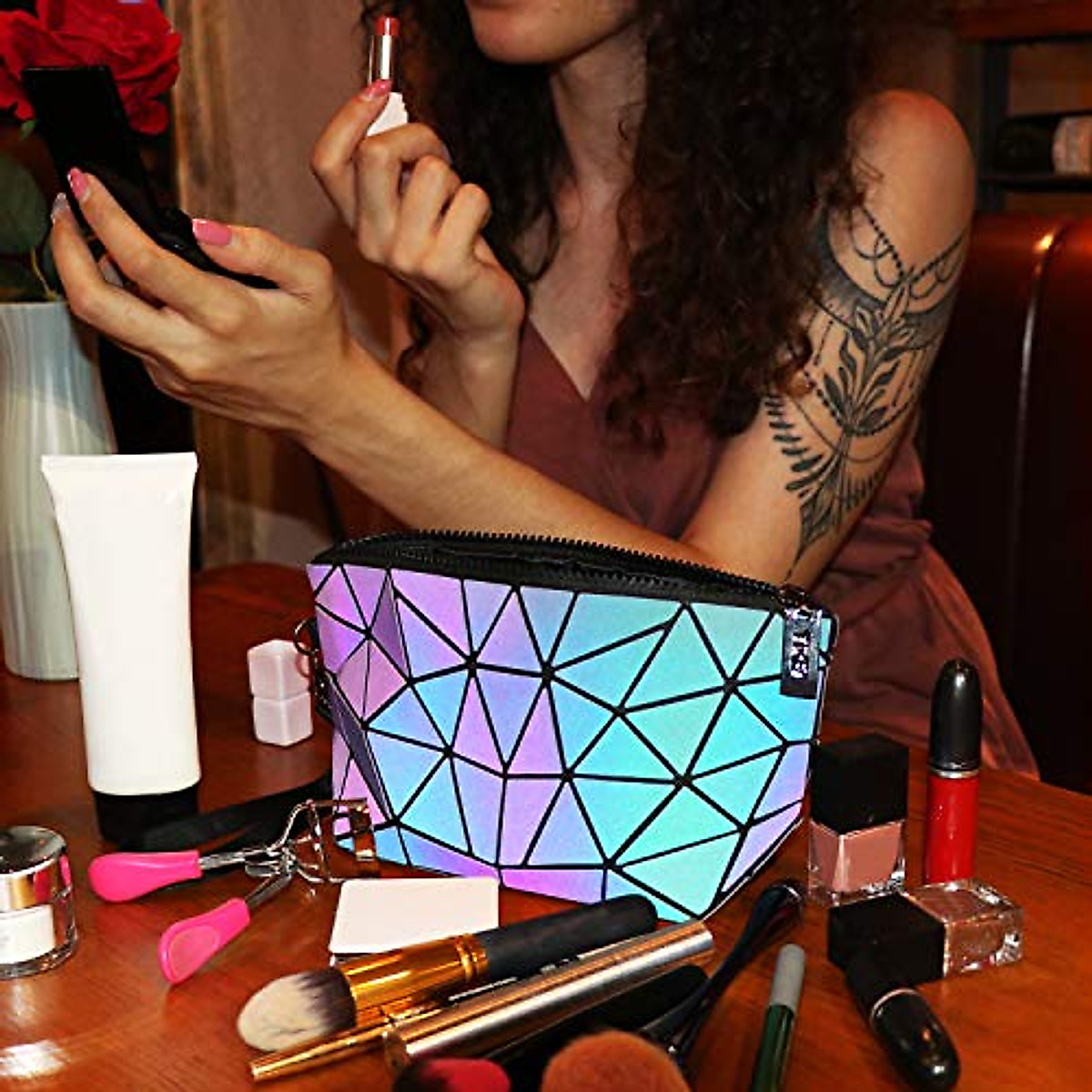 Tikea Makeup Pouch - Small Cosmetic Bag Travel Geometric Luminous Clutch Lattice Reflective Toiletry Beauty Bag Cosmetic Wristlets