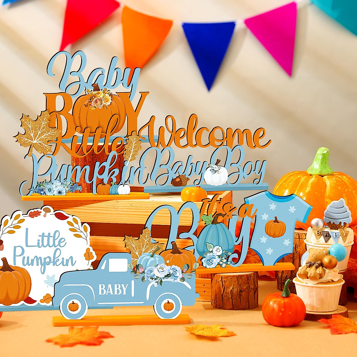 6 Pcs Fall Little Pumpkin Party Decorations Pumpkin Wooden Centerpieces Blue Boy Maple Table Toppers First Birthday Table Centerpieces a Little Pumpkin Baby Boy Table Decor for Boys Fall Party