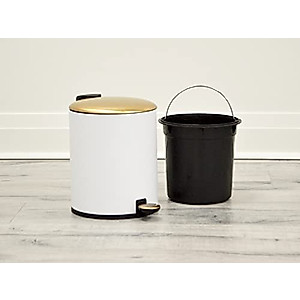AQ Round Metal 5 Liter/1.3 Gallon Step Trash Can with Removable Liner & Soft Close Lid, Small Garbage Pedal Waste Bin for Bathroom, Bedroom or Office - Matte White & Brushed Gold