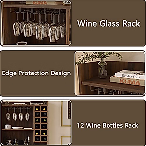 Apepro Wine Bar Cabinet for Liquor and Glasses with 12 Wine Bottle Racks, Kitchen Hutch Storage Cabinet for Living, Dinning Room, Hallway—Doors That Combine Wire Mesh with MDF