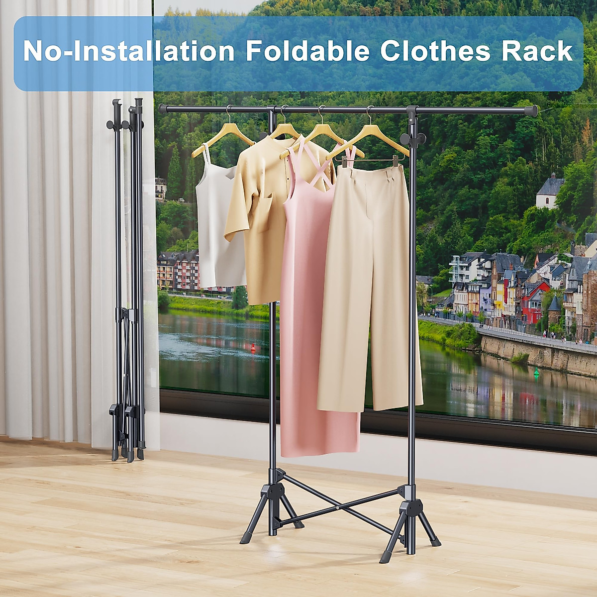 Runsand No Installation Clothes Rack,Portable Folding Carbon Steel Garment Rack - Versatile Heavy Duty Coat Rack with 4 hooks for Indoor and Outdoor Use - great for Home, Camping,Travel (Dark Grey)