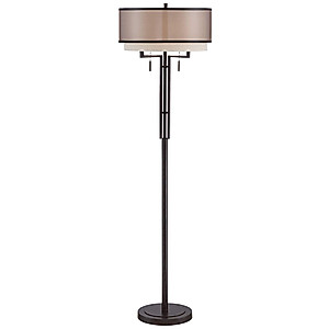 Franklin Iron Works Alamo Industrial Rustic Farmhouse Standing Floor Lamp 62" Tall Bronze Sheer Brown Organza Linen Fabric Double Drum Shades for Living Room Reading Bedroom Office House Home Decor